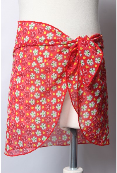 Sude Ayl Kız Çocuk Kırmızı Çiçek Desenli Belden Bağlamalı Tül Pareo 169-33