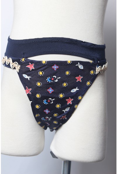 Sude Ayl Kız Çocuk Lacivert Desenli Bel Kısmı Açık Pencere Detaylı Tek Bikini Altı 1904