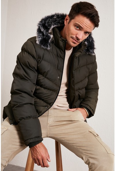 Buratti Slim Fit Suni Kürklü Peluş Astarlı Çıkarılabilir Kapüşonlu Şişme Erkek MONT 5761080 B