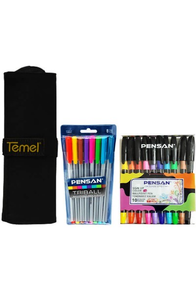 Temel Rulo Kalem Çantası + Pensan Keçeli Kalem + Tükenmez Kalem Temel Rulo Kalem Çantası + Pensan Keçeli Kalem + Tükenmez Kalem
