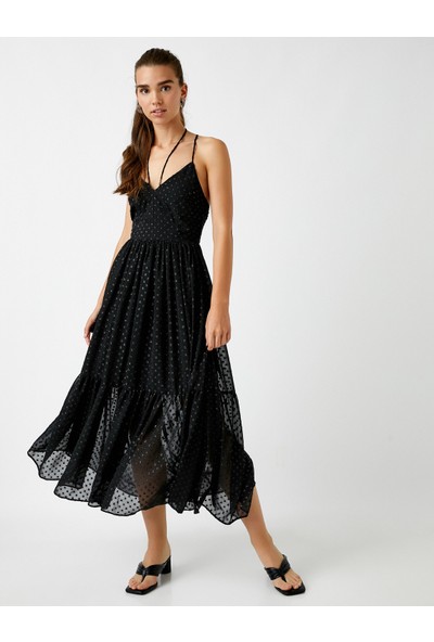 Koton Kadın V Yaka Nakışlı Elbise Midi Boy Koton Kadın V Yaka Nakışlı Elbise Midi Boy