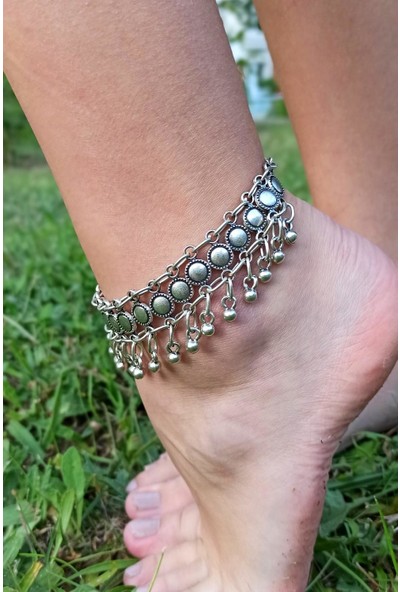 Fildişi Aksesuar Antik Gümüş Kaplama Sarkıtlı Daire Şekilli El Yapımı Kadın Halhal