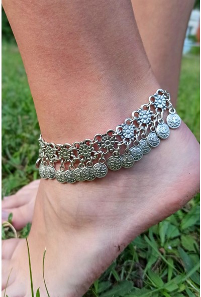 Fildişi Aksesuar Antik Gümüş Kaplama Geometrik Şekilli & Tuğralı El Yapımı Halhal