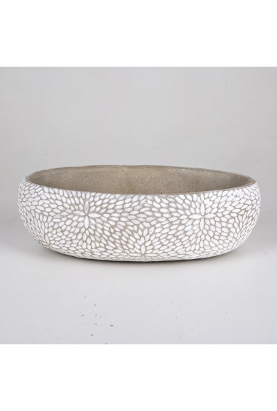 Veramaya Çiçek Motifli Oval Beyaz Beton Saksı 33X10X17 cm