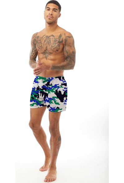 The Waw Kısa Boy Kamuflaj Baskılı Saks Deniz Şortu - TW5350
