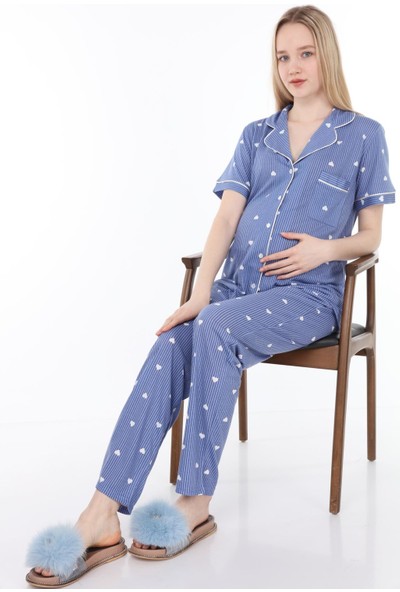 Likapa Penye Önden Düğmeli Hamile Lohusa Kısa Kol Pijama Takımı