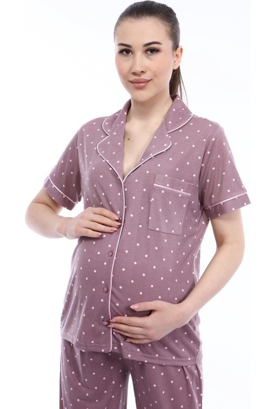 Likapa Penye Önden Düğmeli Hamile Lohusa Kısa Kol Pijama Takımı