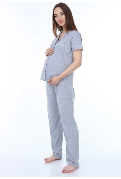 Likapa Penye Önden Düğmeli Hamile Lohusa Kısa Kol Pijama Takımı