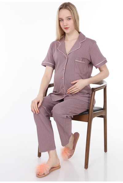 Likapa Penye Önden Düğmeli Hamile Lohusa Kısa Kol Pijama Takımı
