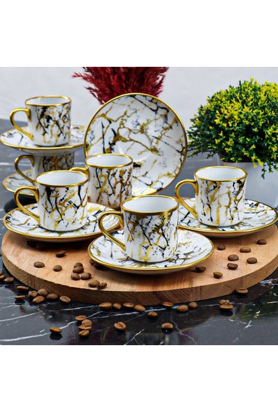 Cookbella Mermer Desen 12 Parça Porselen Fincan Takımı Gold Cookbella Mermer Desen 12 Parça Porselen Fincan Takımı Gold