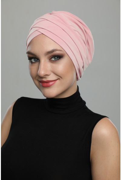 Fidan Bone Üç Bantlı Pudra Hazır Türban Tesettür Havuz Bonesi