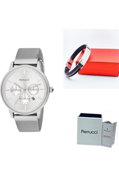 Ferrucci Çelik Erkek Saat+Çelik Bileklik