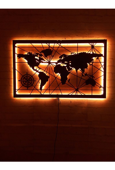 MF Tasarım Rgb Kumandalı Dünya Haritası LED Işıklı Ahşap Mdf Dekoratif Tablo 50X35