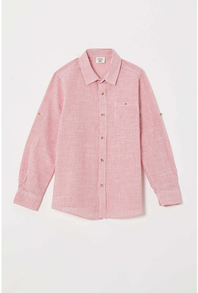 DeFacto Erkek Çocuk Çizgili Keten Görünümlü Uzun Kollu Gömlek V9090A621HS