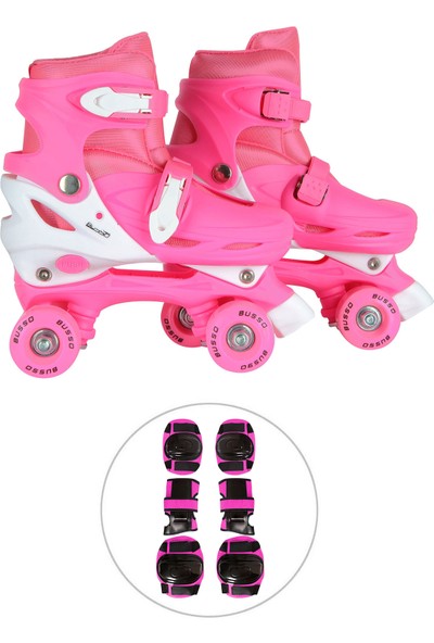 Spor Byfit Dört Tekerlekli Pembe Güvenlik Pateni + 3'lü Koruyucu Set