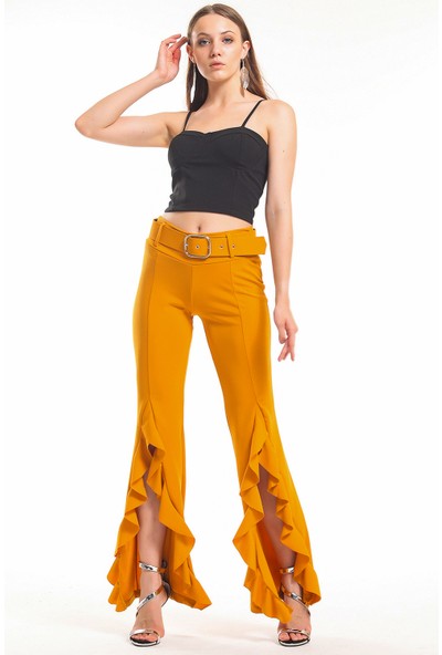 Sense Kemerli Yandan Volanlu Scuba Krep PANTOLON_PNT33381