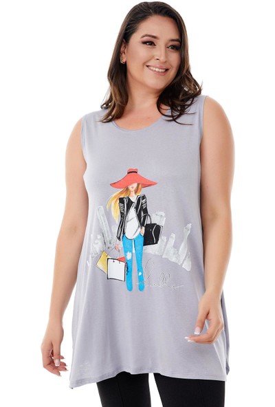 Siyezen Büyük Beden Gri Salaş Genç Stil Kolsuz T-Shirt Siyezen Büyük Beden Gri Salaş Genç Stil Kolsuz T-Shirt