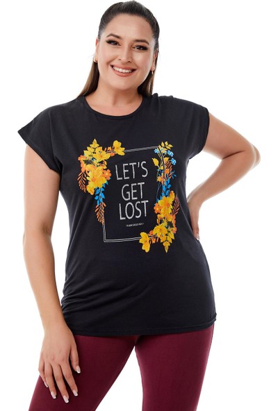 Siyezen Büyük Beden Siyah Çerçeve Çiçek Baskılı T-Shirt