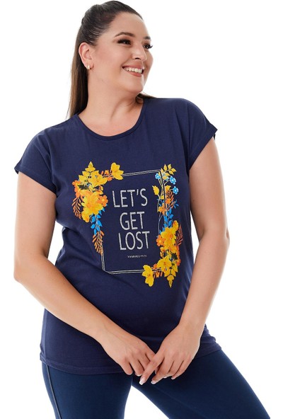 Siyezen Büyük Beden Lacivert Çerçeve Çiçek Baskılı T-Shirt
