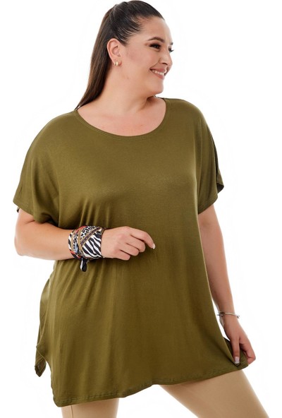 Siyezen Büyük Beden Haki Salaş Bisiklet Yaka Basic T-Shirt Siyezen Büyük Beden Haki Salaş Bisiklet Yaka Basic T-Shirt