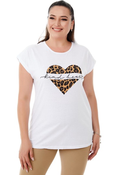 Siyezen Büyük Beden Beyaz Kalp Baskılı T-Shirt
