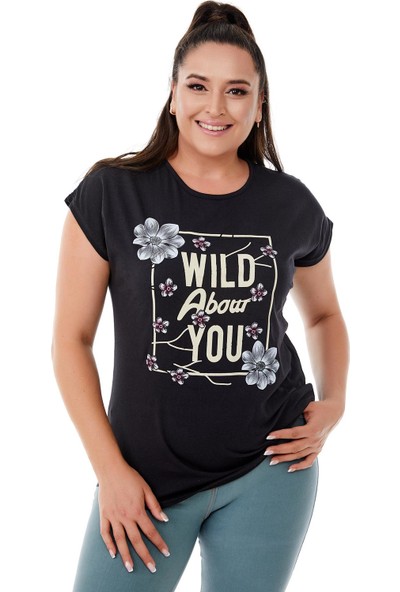 Siyezen Büyük Beden Siyah Yazılı T-Shirt