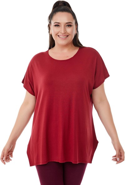 Siyezen Büyük Beden Bordo Salaş Bisiklet Yaka Basic T-Shirt