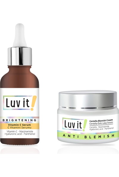 Luv it! C Vitamini Serumu + Centella Özlü Leke Kremi (Aydınlatıcı ve Leke Karşıtı) 2'li Cilt Bakım Seti Luv it! C Vitamini Serumu + Centella Özlü Leke Kremi (Aydınlatıcı ve Leke Karşıtı) 2'li Cilt Bakım Seti