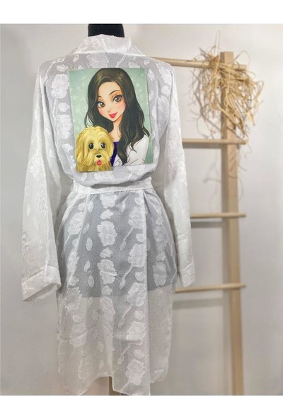 Newssnm NewssnmSenem Neyiş Özel Tasarım Beyaz Kuşaklı Desenli Kısa Kimono