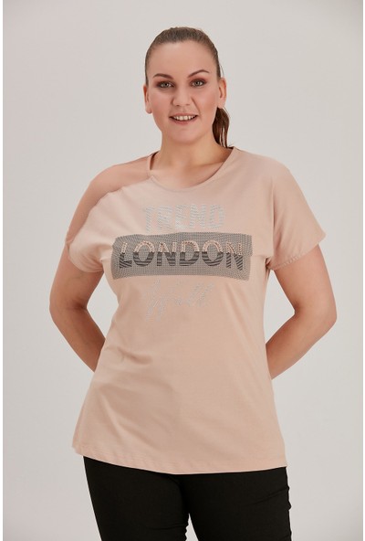 Rmg Omuz Detaylı Taş Işlemeli Büyük Beden Vizon Tişört
