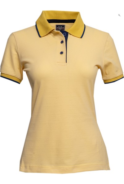 Exve Exclusive Sarı Lacivert Yaka Pat Detaylı Polo Yaka Kadın Tişört Exve Exclusive Sarı Lacivert Yaka Pat Detaylı Polo Yaka Kadın Tişört