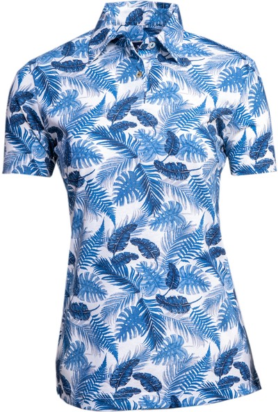 Exve Exclusive Mavi Beyaz Hawaii Baskılı Polo Yaka Kadın Tişört Exve Exclusive Mavi Beyaz Hawaii Baskılı Polo Yaka Kadın Tişört