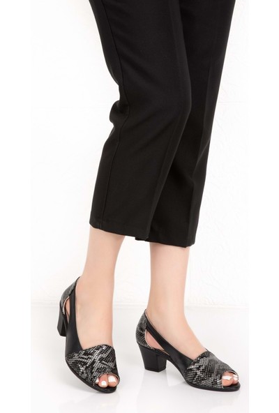 Gondol Deri Yılan Desen Ayrıntılı Topuklu Ayakkabı VDT.261 - Siyah - 34