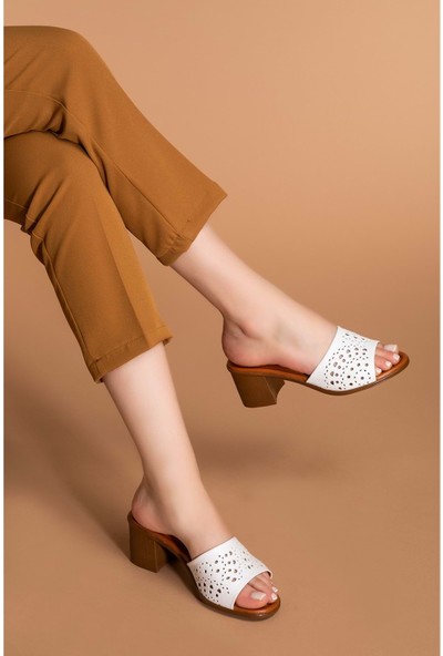 Gondol Kadın Deri Topuklu Terlik YPRK.680 - Beyaz - 36