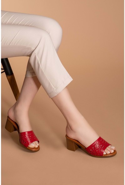 Gondol Kadın Deri Topuklu Terlik YPRK.680 - Kırmızı - 40