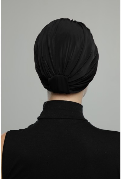 Üç Bantlı Siyah Hazır Türban Tesettür Havuz Bonesi