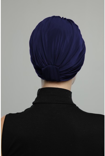 Üç Bantlı Lacivert Hazır Türban Tesettür Havuz Bonesi