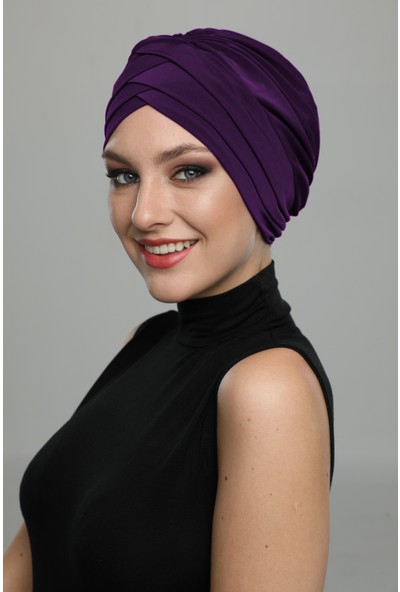 Üç Bantlı Mor Hazır Türban Tesettür Havuz Bonesi