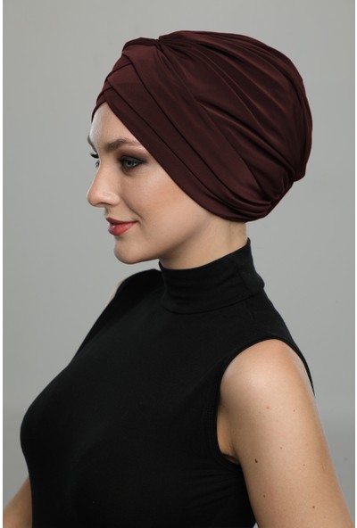 Üç Bantlı Kahve Hazır Türban Tesettür Havuz Bonesi