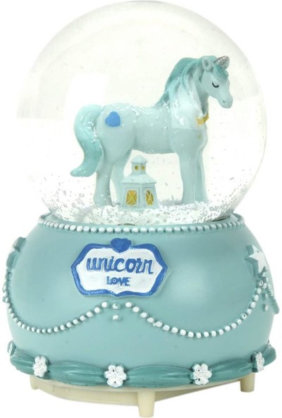 Hediyekanalı Rüyalar Ülkesi Mavi Unicorn Su Küresi Kurmalı Büyük Boy Kar Küresi