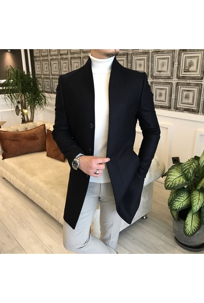 Terzi Adem Italyan Stil Hakim Yaka Yün Kaşe Kaban Lacivert T4294