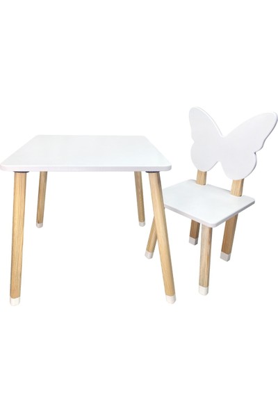 Mammago Ahşap Çocuk Oyun ve Aktivite Masa Sandalye Takımı-Beyaz Kelebek