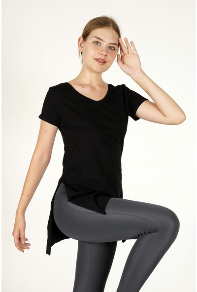 Yare Yandan Yırtmaçlı V Yaka Uzun T-Shirt