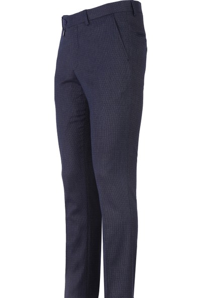 İmza Lacivert Kendinden Desenli Slim Fit Pantolon