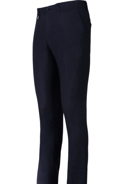 İmza Lacivert Kendinden Desenli Slim Fit Pantolon