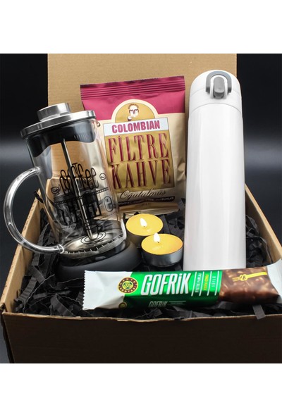 VegaGiftShop Kilitli Beyaz Termos & Coffe Time French Press & Filtre Kahve & Gofrik & Mum Hediye Seti VegaGiftShop Kilitli Beyaz Termos & Coffe Time French Press & Filtre Kahve & Gofrik & Mum Hediye Seti