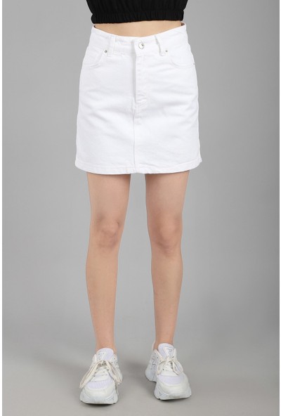 Arlin Kadın Yüksek Bel Cepli Mini Kot Beyaz Etek