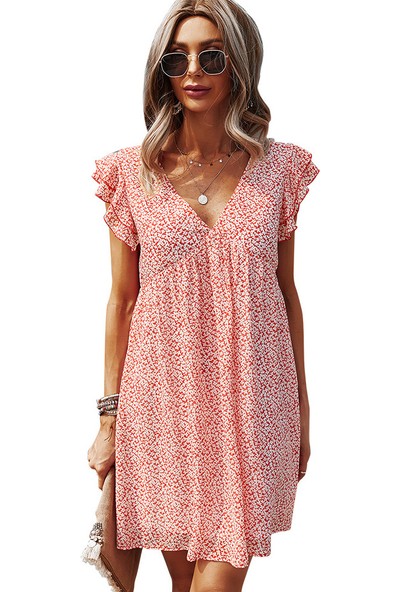 Gogoo V Yaka Rahat Yazlık Kısa Elbise-Kırmızı (Yurt Dışından)