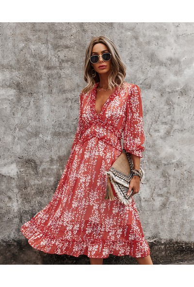 Gogoo Baskılı V Yaka Yazlık Elbise-Kırmızı (Yurt Dışından)