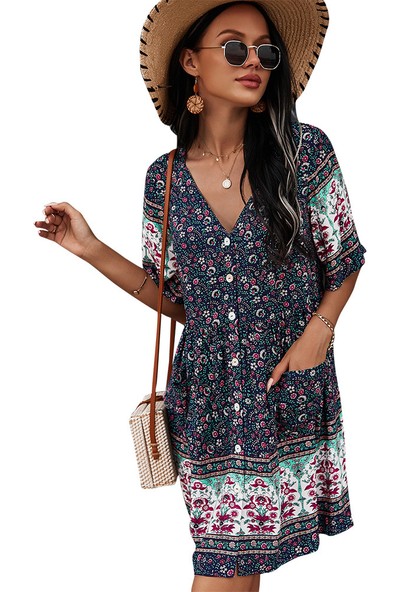 Gogoo Çiçek Desenli Bohem Yazlık Elbise-Mavi (Yurt Dışından)
